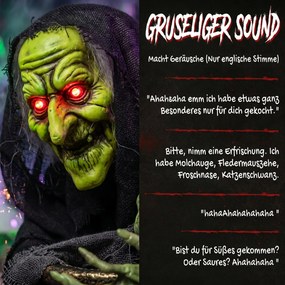 HOMCOM Animovaná halloween stolní čarodějnice se zvukem smíchu, svítícíma očima a zvukovou/touch aktivací