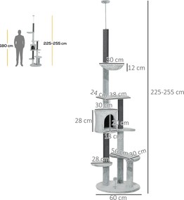 Stropní škrabadlo PawHut výškově nastavitelné 225-255 cm s ochranou proti překlopení Jeskyně pro kočky Škrabadla Hrací míč Grey | Aosom.de