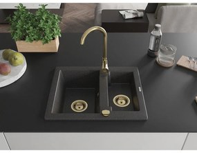 Mexen Carlos, granitový dřez 582x475x177 mm, 1,5-komorový, černá skvrnitá se zlatým sifonem, 6518581500-76-G