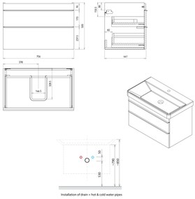 Sapho Sapho, SITIA umyvadlová skříňka 75,6x50x43,4cm, 2x zásuvka, bílá matná, SI080-3131