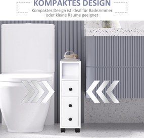 Kleankin koupelnová skříňka na kolečkách – pomocná koupelnová skříňka s otevřenou policí, dveřmi a zásuvkou pro malé prostory 18x30x68,5 cm Bílá