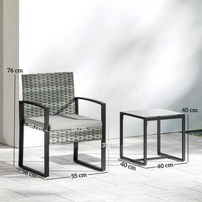 Ratanový bistro set, 3dílná sada zahradního nábytku se 2 zahradními židlemi, konferenčním stolkem, odnímatelnými polštáři, světle šedý