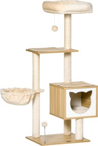 PawHut Kočičí Škrabací Strom s Výškou Platfomy 126 cm - Lezecká Věž pro Kočky s Houpacím Sítem, Domkem, Postelí, Sisalovými Sloupy a Hračkami 48x40x1…