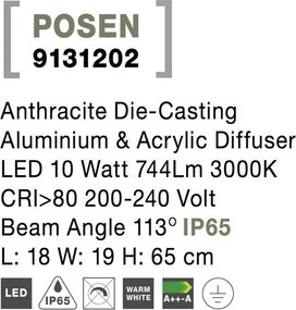 NV 9131202 Venkovní nástěnné svítidlo POSEN antracitový hliník a akrylový difuzor LED 10W 3000K 200-240V 113st. IP65 - NOVA LUCE