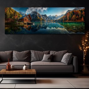 Obraz na plátně - Podzim u jezera ve vyhřáté chatce FeelHappy.cz Velikost obrazu: 210 x 70 cm