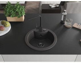Mexen Diego, 1-komorový granitový dřez 488x488x167 mm, černý sifon, černá matná baterie Rita, černá skvrnitá, 6512-76-670300-70-B