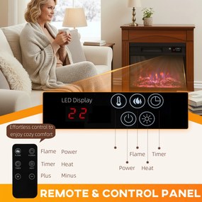 HOMCOM elektrický krb 1000W/2000W, dekorativní krb s 3D plamenovým efektem ve 6 barvách a 3 úrovních jasu, 68,5 x 27,5 x 63 cm, hnědá