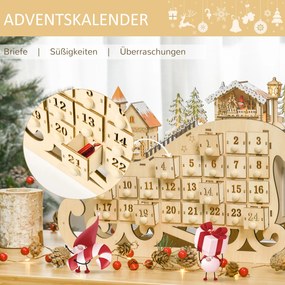 HOMCOM Adventní kalendář k naplnění s 24 zásuvkami, LED světly, ve tvaru saní, DIY vánoční kalendář, odpočítávací kalendář k Vánocům, dárek pro děti …