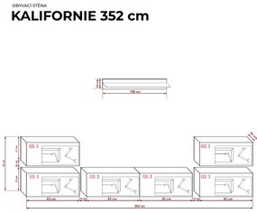Ral Obývací stěna KALIFORNIE 3, 252 cm - Černý lesk
