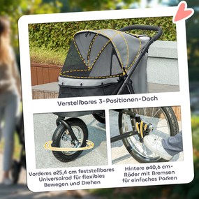 PawHut kočárek pro psy a jogger pro malé psy a kočky do 10 kg se 3 velkými gumovými koly, síťovanými okny a bezpečnostními pásy, Šedá
