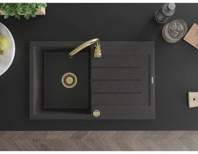 Mexen Bruno, granitový dřez 795x495x200 mm, 1-komorový, černá skvrnitá se zlatým sifonem, 6513791010-76-G