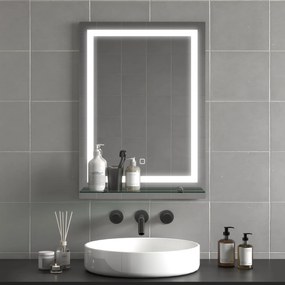kleankin LED koupelnové zrcadlo, stmívatelné, proti páře, dotykový vypínač, polička, 50 x 70 cm, Stříbrná