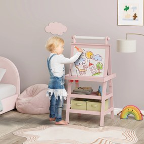 AIYAPLAY Dětský Easel 3 v 1 Dvousečný Magnetický Dětský Malířský Easel s Papírovým Rolem a Úložnými Košíky 59x48x118 cm Růžový