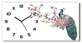 Wallmuralia Skleněné hodiny na stěnu tiché Páv a květiny 60x30 cm