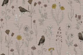 Krepové povlečení Ptáčci v kvítí - béžové Velikost: 140 x 220 + 70 x 90