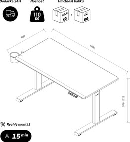 Elektrický stůl s regulací výšky ergonomický antracitový/dub sonoma,1200x600 mm: ARIA