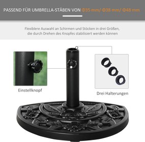 Stojan na slunečník Outsunny 9kg podstavec na zahradní slunečník s motivem květin pro tyče slunečníku Ø35/38/48 mm, HDPE, půlkruhový, černý | Aosom.de