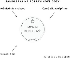 MONIN KOKOSOVÝ - omyvatelná samolepka na dózu, výběr rozměrů Ø 5 cm / 5 x 5 cm / 6 x 8 cm | DomaLEP tvar: OBDÉLNÍK, barva: PRŮHLEDNÁ - ČERNÉ písmo, velikost: š. 6 cm x v. 8 cm - tučné písmo