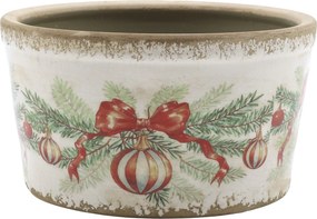 Béžový keramický květináč s vánočními ozdobami Christmas Bow & Bauble – Ø 16,5*9,5 cm