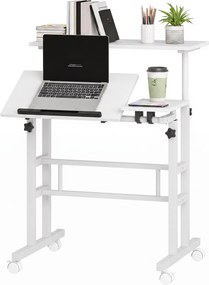 HOMCOM sedací‑stojací stůl, výškově nastavitelný 70 x 60 cm, s kolečky a naklápěcí deskou, 70x60x70,5-120 cm, bílý