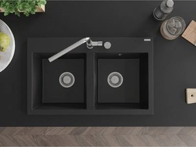 Mexen Hektor, 2-komorový granitový dřez 800x480x205 mm, černá, chromový sifon, 6521802000-77