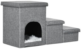 PawHut schody pro psy 3-stupňové schody pro kočky s jeskyní a úložným prostorem, rampa pro domácí mazlíčky 3 v 1 do 10 kg, pohodlný polštář, světle š…