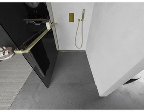 Mexen Kioto+ L, sprchová zástěna Walk-In s poličkou a věšákem 120 x 200 cm, 8mm šedé sklo, zlatý matný profil, 800-120-123-55-40