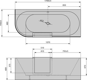 Polysan PORTAS R asymetrická vana s dvířky 170 x 75 x 60 cm pravá akrylát bílá 75541