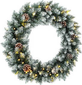HOMCOM Vánoční věnec 60 cm Osvětlený věnec na dveře s 50 LED Šišky Umělý sníh na Vánoce Adventní dveře
