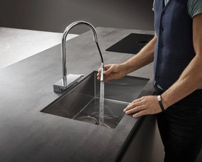 Hansgrohe M81, dřezová baterie Aquno Select s výsuvnou koncovkou a plochým sprchovým proudem, chromová, 73837000