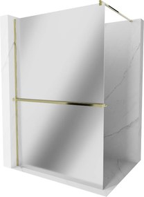 Mexen Kioto+, sprchová zástěna s poličkou a držákem na ručníky 90 x 200 cm, 8mm sklo vzor zrcadlo, zlatý profil, 800-090-121-50-50