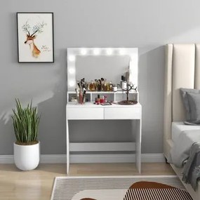 HOMCOM Toaletní stolek s Hollywoodským zrcadlem, zásuvky, 3 režimy osvětlení, 10 žárovek, 80 x 40 x 135 cm, bílá
