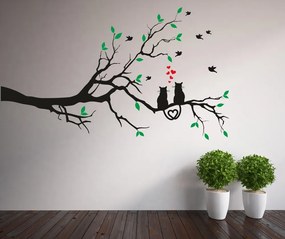 WALLVINIL Samolepky na zeď - Větev a zamilované kočky Velikost: 120x70 cm, Pravá / Levá: PRAVÁ (strom/větev směřuje doprava), Barva: STANDARDNÍ ( černý základ, zelené lístky a červené srdíčka )
