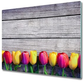 Skleněná krájecí deska Tulipány na dřevě 60x52 cm