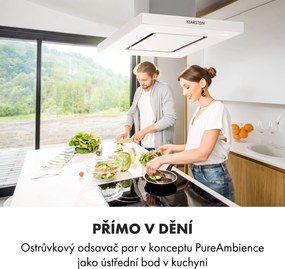 Klarstein Valeria, digestoř, 90 cm, ostrůvková, 650 m³/h, dotykový panel, LED, sklo, nerezová ocel, bílá