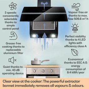 Klarstein Clara 60, digestoř, 60 cm, nástěnná, 509 m³/h, dotykový displej, LED podsvícení, bílá