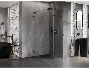 Mexen Lunar, L pravý výklopný pětiúhelníkový sprchový kout 80 x 80 cm, 8mm čiré sklo, černý profil, 831L-080P-080L-70-00-P
