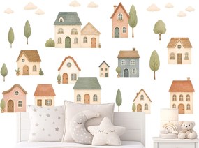 Domečky textilní přelepitelné samolepky na zeď arch 45 x 34 cm