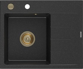 Mexen Ben, 1-komorový granitový dřez 600x500x190 mm, levý + zlatý sifon, černá-stříbrná metalíza, 6522605000-73-G