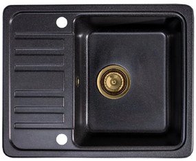 Sink Quality Sapphire, granitový kuchyňský dřez 565x460x210 mm + zlatý sifon, 1-komorový, černá skvrnitá-BROCADE, SKQ-SAP.B.1KKO.XG