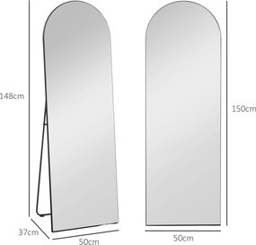 HOMCOM Celoplošné zrcadlo, 150 x 50 cm, nástěnné zrcadlo se stojanem, zakřivený design, stojací zrcadlo s ochrannou fólií proti střepům, do obývacího…