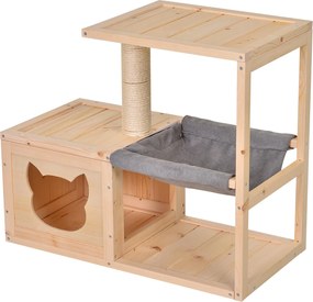 PawHut Kočičí Dům s Houpací Síťkou, Kočičí Box se Sisalovým Sloupkem, Kočičí Jeskyně, Kočičí Strom, Kočičí Aktivity Centrum, Boravicové Dřevo, Přiroze