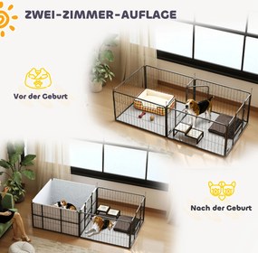 Pelíšek pro štěňata, ohrádka pro štěňata se 7 panely, 2 plochy, omyvatelná podložka pod stelivo, 203x102x60cm černá