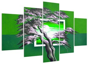 Zelený obraz stromu a východu slunce (150x105 cm)