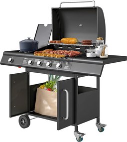 Outsunny Plynový gril 15,2 KW, grilovací vozík včetně 5 nerezových hořáků, kolečka, boční vařič, 129,5 x 56 x 110 cm, černá