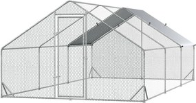 PawHut Kurník s voliéra, 300 x 600 x 200 cm, ocelový kuřecí výběh s víkem, dveřmi, pro 12-18 kuřat a malé zvířata, stříbrná | Aosom