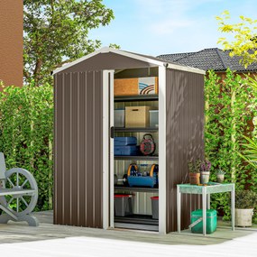 Outsunny kovová zahradní kůlna — 1,18 m² (136 × 87 × 179 cm) | Posuvné dveře, šikmá střecha, včetně rukavic, hnědá