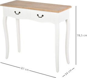 HOMCOM Konzolový stolek s 2 zásuvkami Retro design pro předsíň, chodbu, obývací pokoj a ložnici, borovice 87x34x78,5 cm Bílý