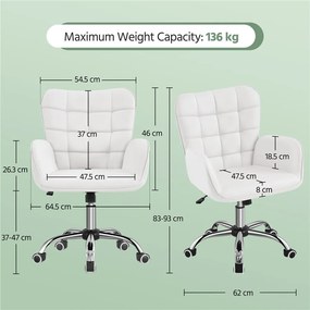 Kancelářská židle Yaheetech – bílá, 65,5 cm (délka) × 64,5 cm (šířka) × 83 cm – 93 cm (výška) (266457291649)