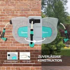 Zavlažovací cívka Outsunny s hadicí 25 m, 180° otočný box, montáž na zeď, automatické navíjení hadice, sprcha se 7 funkcemi, Zelená+Šedá